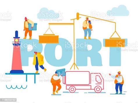 포트 개념 배송 항구 크레인 적재 컨테이너 항구 노동자 등대 근처 부두에서 트럭에서 상자를 운반 바다 물류 포스터 배너 전단지 브로셔 만화 플랫 벡터 일러스트 개념에 대한