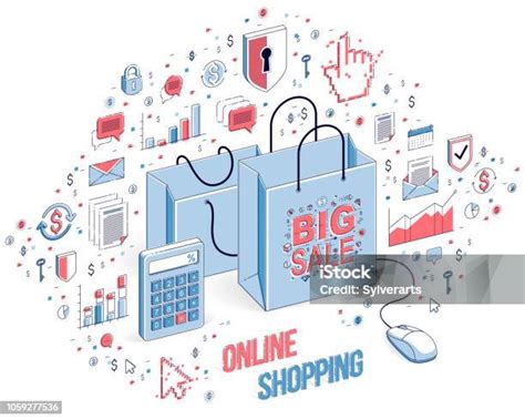 온라인 상점 개념 웹 스토어 인터넷 판매 쇼핑백 Pc 마우스 연결 흰색 절연 3 차원 벡터 비즈니스 아이소메트릭 일러스트 아이콘 통계 차트와 디자인 요소 3차원 형태에 대한