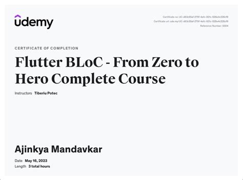 Have Successfully Completed Udemys Course On Flutter “bloc” Pattern By Tiberiu Potec Ajinkya