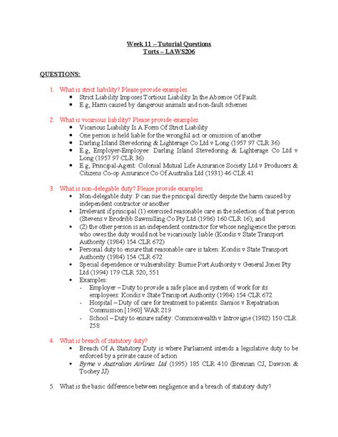 Week 11 Tutorial Questions Week 11 Tutorial Questions Torts
