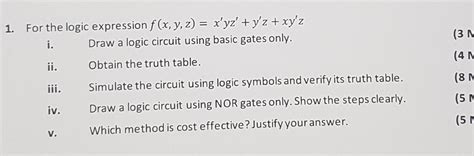 Solved For The Logic Expression F X Y Z X Yz Y Z Chegg Com