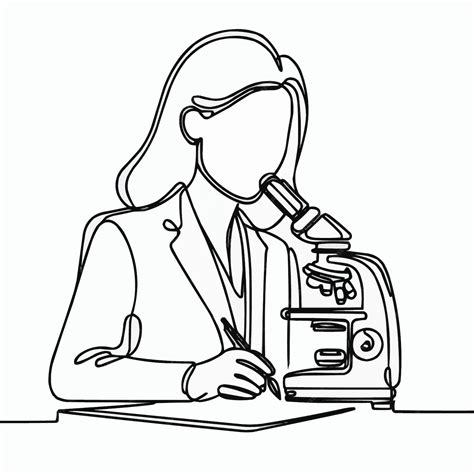 Continuous One Line Drawing Of Female Scientist Working Using Microscope Research And Science