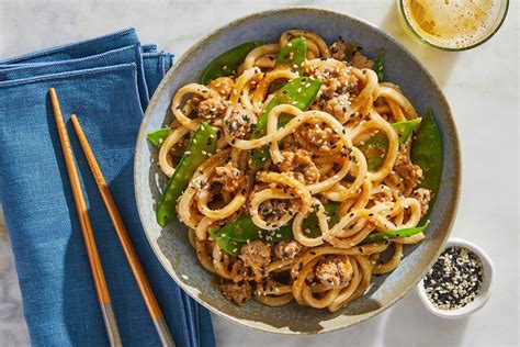 Recipe Soy Miso Pork And Udon Noodles With Snow Peas And Togarashi Blue