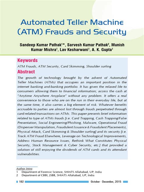 Automated Teller Machine Atm Frauds And Security Pdf Automated Teller Machine Debit Card