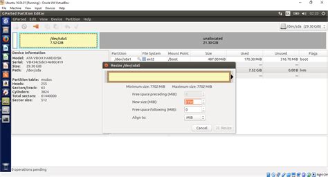 Partitioning Extending Disk Size Ubuntu 1604 Virtualbox Vhd