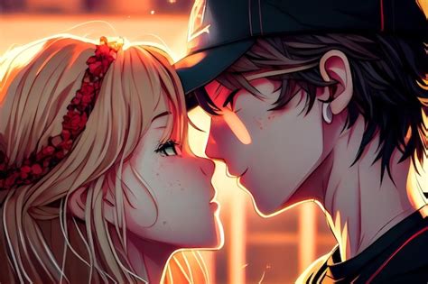 Premium Photo Anime Couple Kiss Close Up Generative Ai