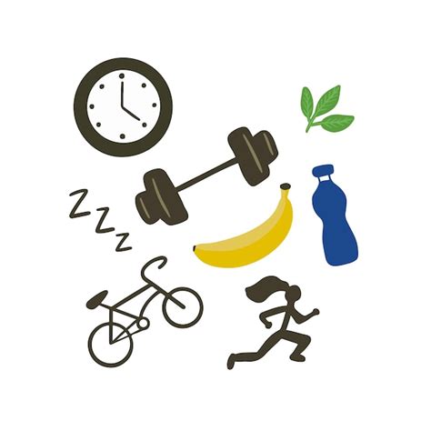 건강한 라이프 스타일 세트입니다 시계 자전거 달리기 물 한 병 잎 수면 바벨 격리 프리미엄 벡터