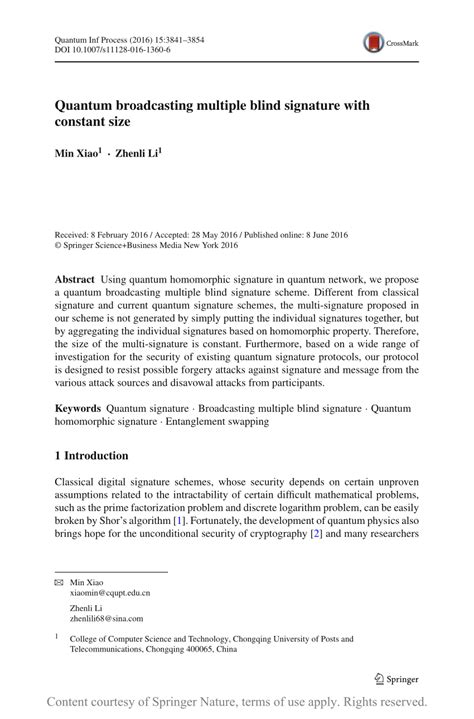 Quantum Broadcasting Multiple Blind Signature With Constant Size Request Pdf