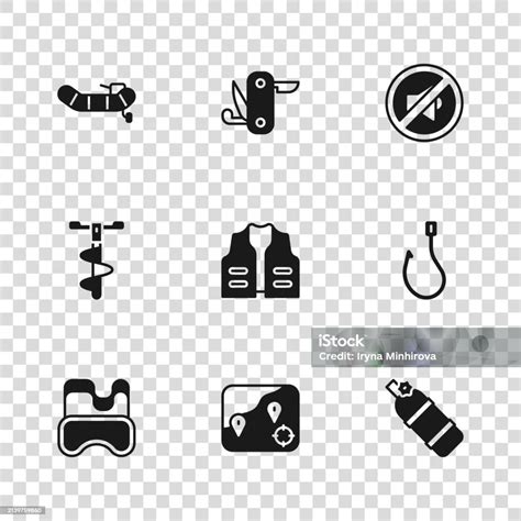 위치 낚시 낚싯바늘 Aqualung 재킷 스피커 음소거 모터가 있는 풍선 보트 스위스 군용 칼 및 손 얼음 드릴 아이콘을