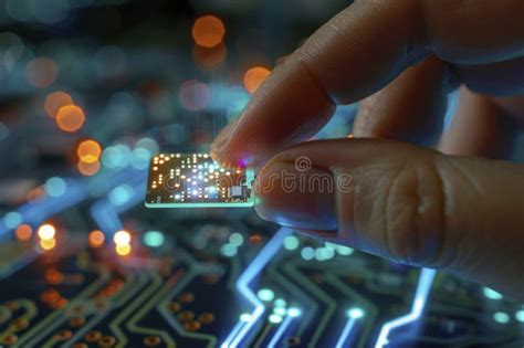 Hand Holding A Lit Microchip Showcasing Technology S Minuscule Yet Powerful Essence Against A
