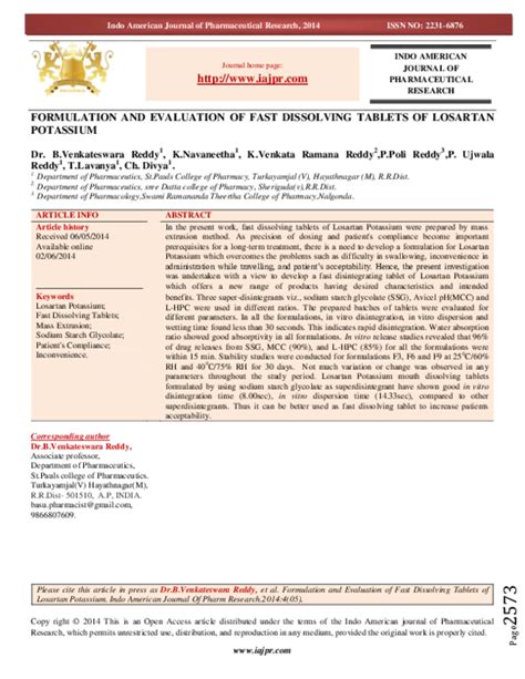 Pdf Formulation And Evaluation Of Fast Dissolving Tablets Of Losartan Potassium