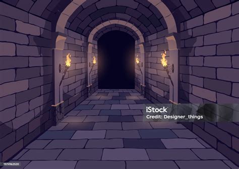 다크 던전 횃불이 있는 긴 중세 성곽 복도 돌 아치가 있는 고대 궁전의 내부 벡터 일러스트 레이 션 지하 감옥에 대한 스톡 벡터