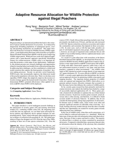 Pdf Adaptive Resource Allocation For Wildlife Protection Against