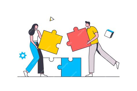 Concepto De Línea Plana De Trabajo En Equipo Hombre Y Mujer Conectando