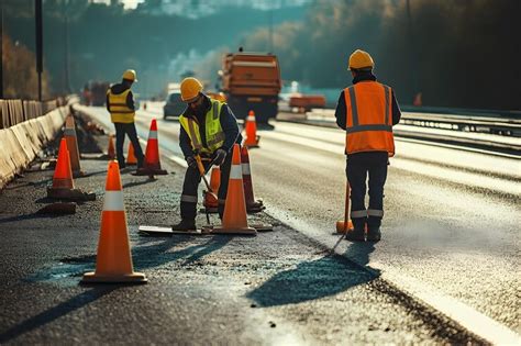 Construction Workers Installing Road Signs Along A Highway With Traffic Cones For Infrastructure