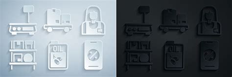 올리브 오일 한 병 판매자 상자가 있는 창고 내부 할인율 및 모바일 핸드 트럭 및 전자 저울 아이콘을 설정합니다 벡터 3차원 형태에 대한 스톡 벡터 아트 및 기타 이미지