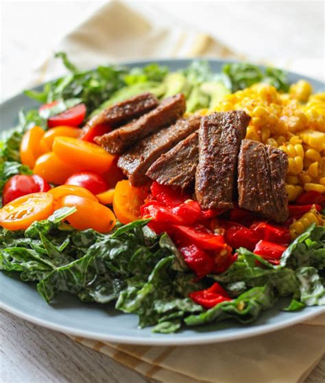 Flank Steak Salad With Roasted Corn And Peppers Romaine Salad Avocado Cherry Tomatoes