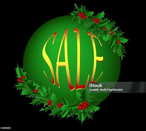 홀리 잎의 화환으로 둘러싸인 비문 판매와 둥근 녹색 배경 12월에 대한 스톡 벡터 아트 및 기타 이미지 12월 1월 검은색 Istock