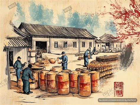 AI创作图醋文化插画 古法酿造食醋插画 黄酒包装插画 做醋插画 酿醋插画 手绘古法酱油制作工艺 油坊插画 制酒图 神农架酿酒插画 酱油作坊浮雕效果图 醋缸插画 腐乳制作插画 酿酒工艺插画 雄黄