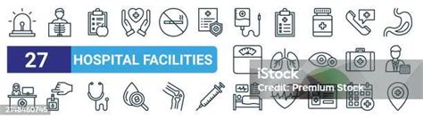 응급 방사선과 식이요법 의료 보고서 호흡기학 당뇨병 감독 웹 디자인에 대 한 병원 건물 벡터 얇은 선 아이콘과 같은 27 개요 웹 병원 시설 아이콘 세트 건강관리와 의술에