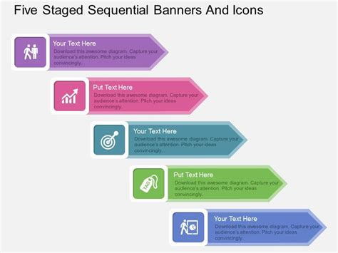 at five staged sequential banners and icons flat powerpoint design powerpoint shapes