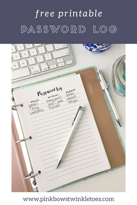 Password Log Free Printable Planner Insert Pink Bows And Twinkle Toes