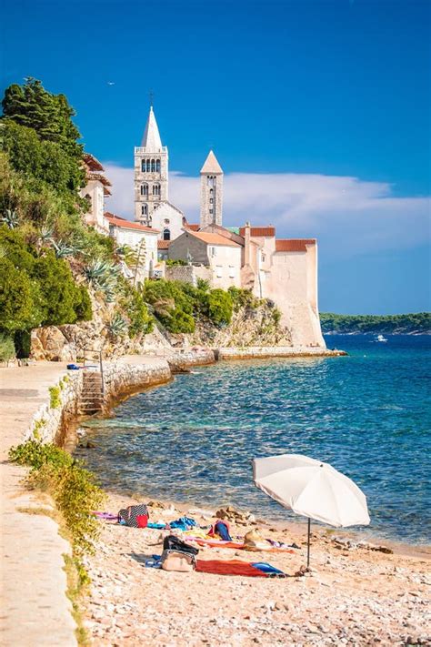 Historic Town Of Rab Towers And Beach Walkway View Stock Image Image