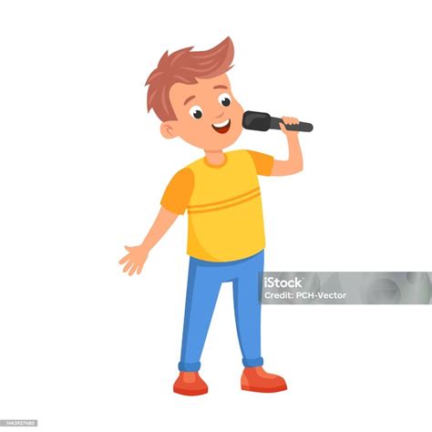 젊은 가수는 마이크에 노래를 부른다 취미와 아이들의 활동 활동적인 소년의 벡터 삽화 만화 어린이 그리기 가수에 대한 스톡 벡터