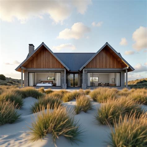 Modern Two Story House With Timber Cladding Metal Sheet Gable Roof Sits On Sandy Dune Exterior Modern Two Story House With Timber Cladding Metal Sheet Gable Roof Sits On Sandy Dune Exterior