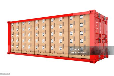 골 판지 상자에 빨간색 제거 측면 벽과 컨테이너 운송 나무 팔레트의 행 3 차원 렌더링 금속에 대한 스톡 사진 및 기타 이미지 금속 나름 나무 상자 Istock