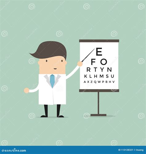 optometrist points to the table for testing visual acuity cartoon