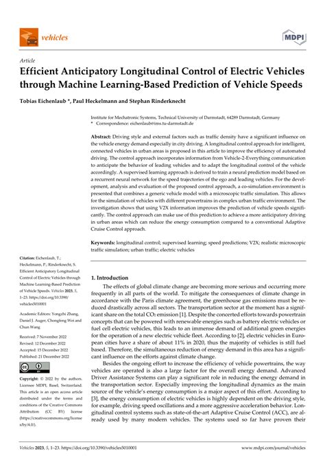 pdf efficient anticipatory longitudinal control of electric vehicles through machine learning