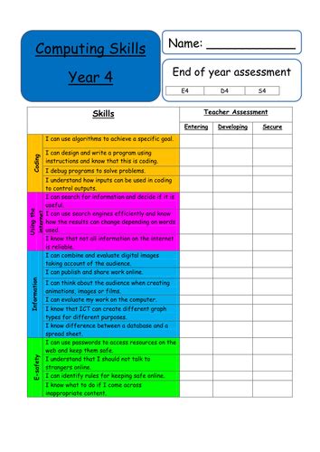 Year 4 Computing Skills Teacher Assessment Sheet Curriculum 2014