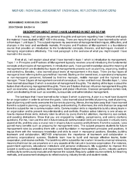Individual Assignment 1 Mgt 420 Mgt420 Individual Assignment Individual Reflection Essay