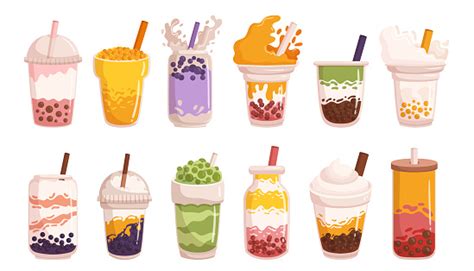 버블티 세트 타피오카 펄 다양한 맛의 차를 포함한 맛있고 상쾌한 음료 모음 과일에 대한 스톡 벡터 아트 및 기타 이미지 과일 귀여운 기포 Istock