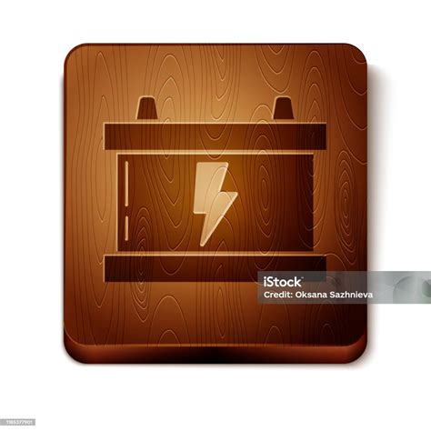 갈색 자동차 배터리 아이콘 흰색 배경에 격리 축압기 배터리 에너지 전력 및 전기 축압기 배터리 번개 나무 사각형 버튼입니다 벡터