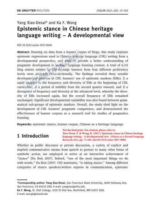 Pdf Epistemic Stance In Chinese Heritage Language Writing A
