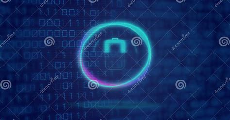 image of neon circle with battery over digital screen with binary code