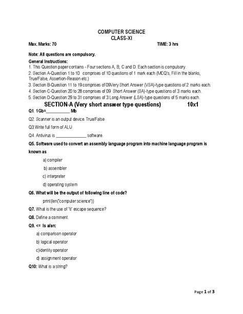Jkbose Class 11th Model Question Paper 2025 For Computer Science Jk Board Class 11 Computer