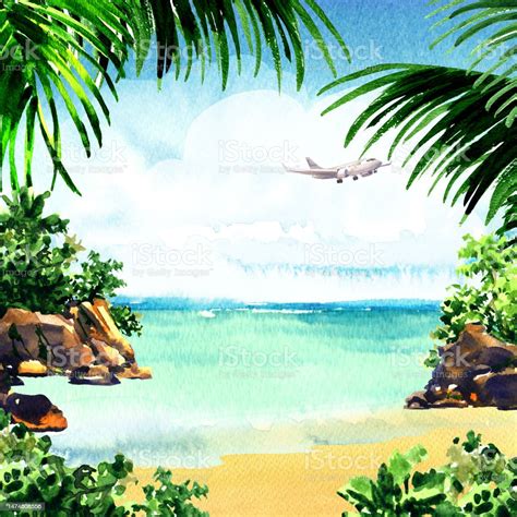 열대 해변 바다 모래 해변 야자수 바위 하늘에 비행기 여름 시간 휴가 및 여행 개념 손으로 그린 수채화 그림이 있는 아름다운 낙원 열대 섬 만에 대한 스톡 벡터 아트 및