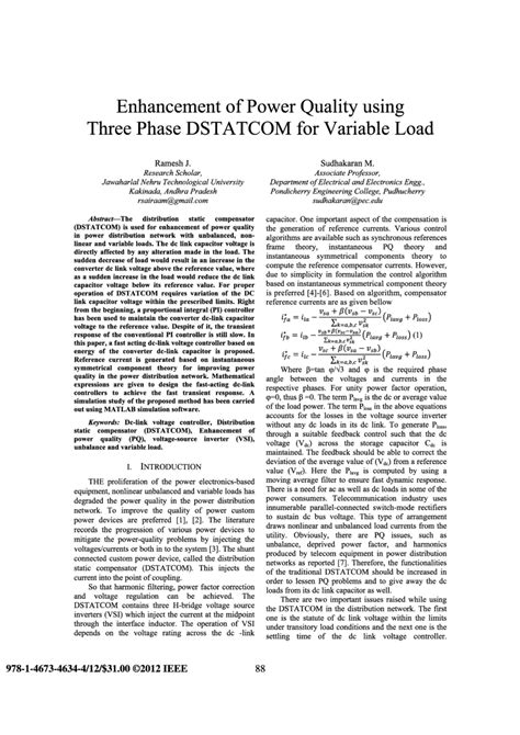 Pdf Enhancement Of Power Quality Using Three Phase Dstatcom For Variable Load