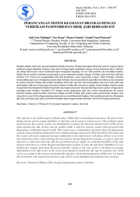 Pdf Perancangan Sistem Keamanan Brankas Dengan Verifikasi Password Dan Sidik Jari Berbasis Iot