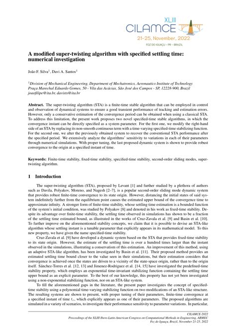 Pdf A Modified Super Twisting Algorithm With Specified Settling Time Numerical Investigation