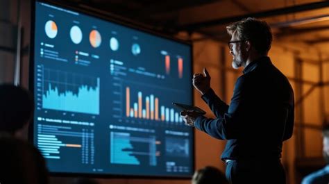 A Man Presents Data On A Large Screen Illustrating Business Analytics