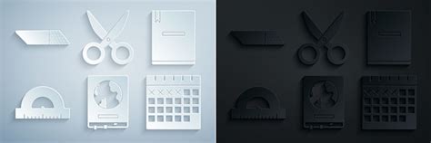 학교 칠판 노트북 각도 측정용 각도기 그리드 달력 가위 및 지우개 고무 아이콘에 세계지도를 설정합니다 벡터 3차원 형태에 대한 스톡 벡터 아트 및 기타 이미지 Istock