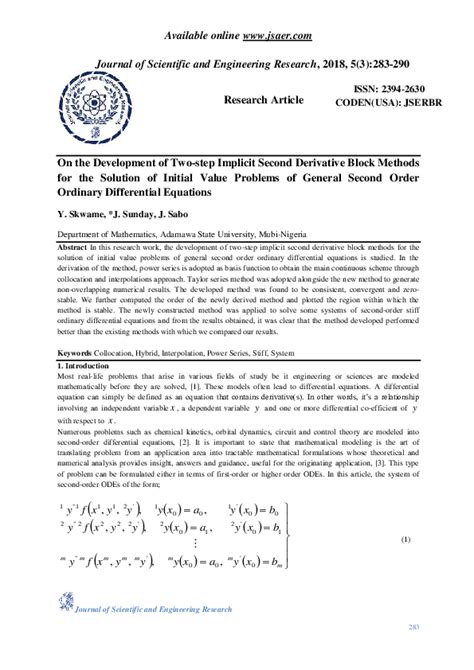 Pdf On The Development Of Two Step Implicit Second Derivative Block