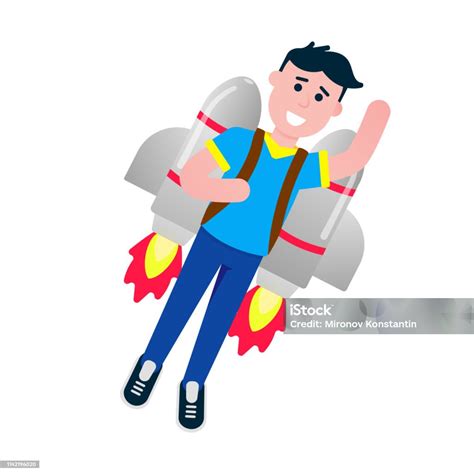 슈퍼 영웅 조종사 평면 스타일 디자인 벡터 일러스트 레이 션 흰색 배경에 고립 처럼 로켓 제트 팩 비행 하는 소년 그의 뒤에