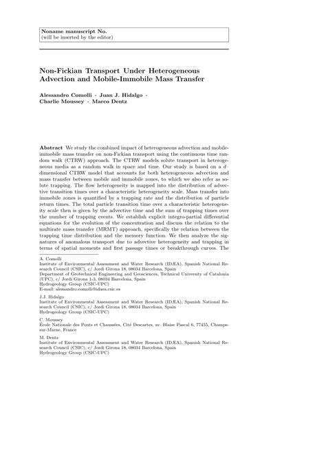 Pdf Non Fickian Transport Under Heterogeneous Advection And Mobile Immobile Mass Transfer