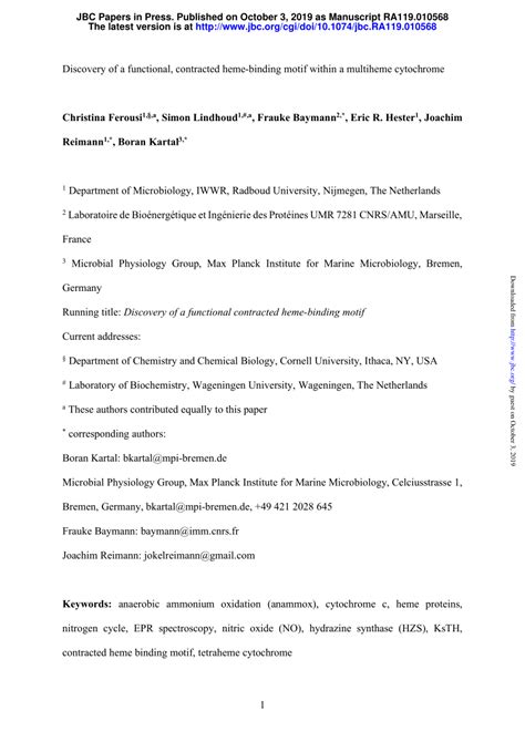Pdf Discovery Of A Functional Contracted Heme Binding Motif Within A