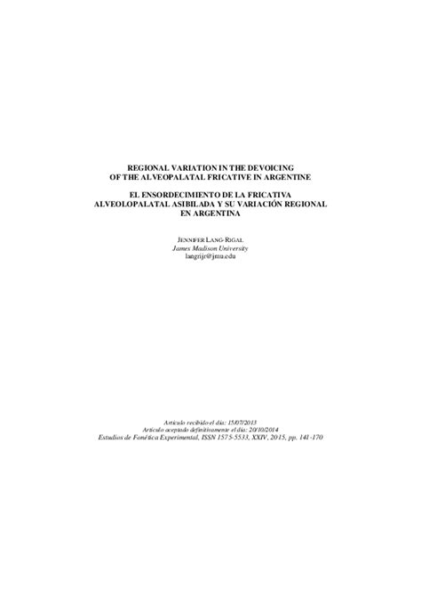 Pdf Regional Variation In The Devoicing Of The Alveopalatal Fricative In Argentine El